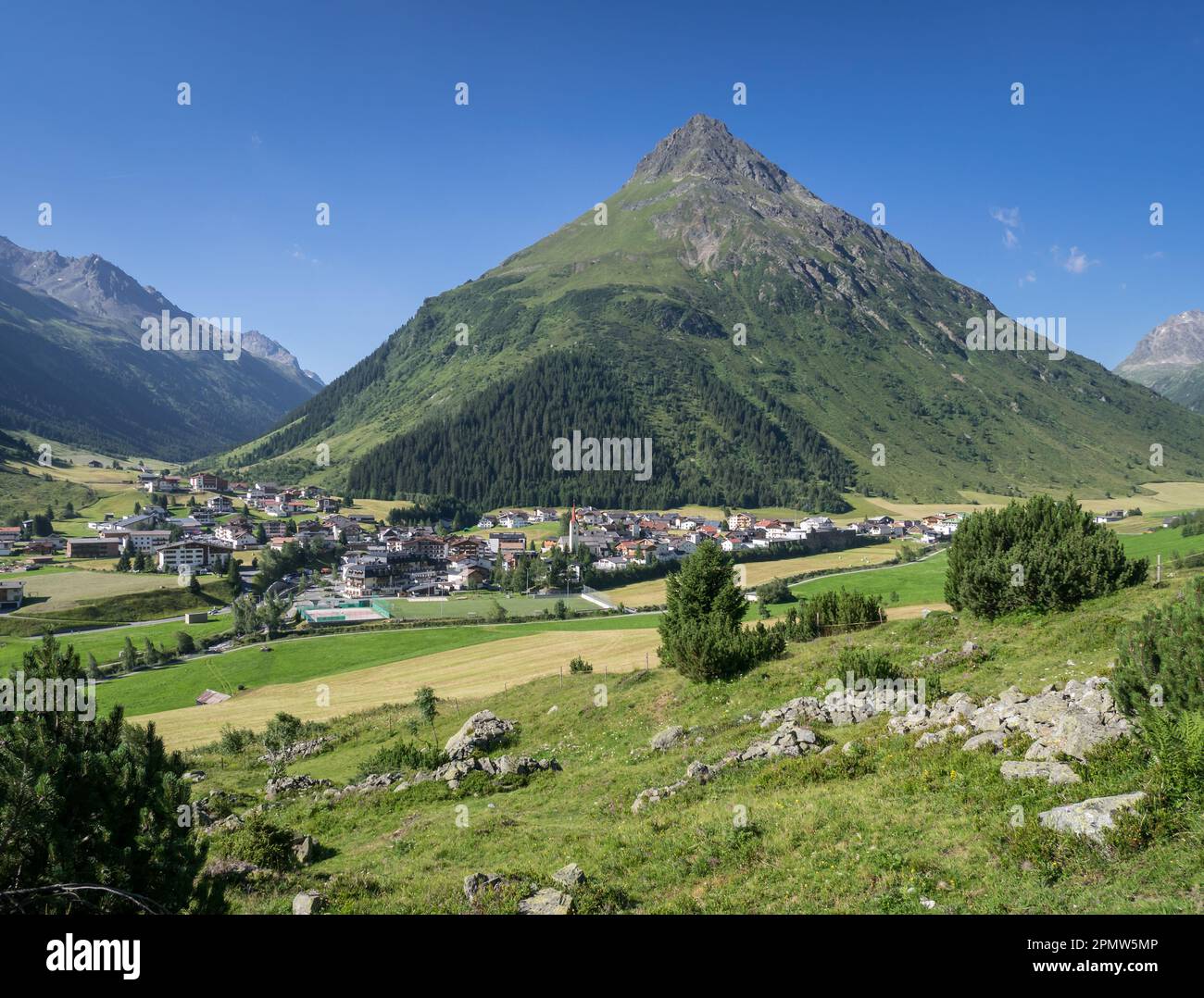View of Galtür village in summer, Paznaun Valley, Tyrol, Austria Stock ...