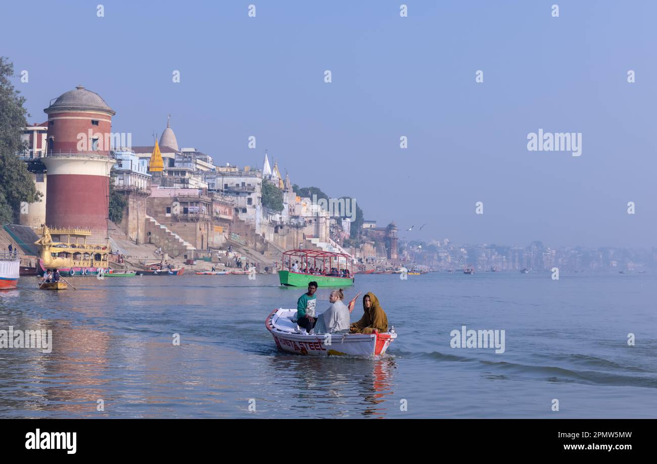 Varanasi, Uttar Pradesh, India - November 2022: A view of holy ghats of ...