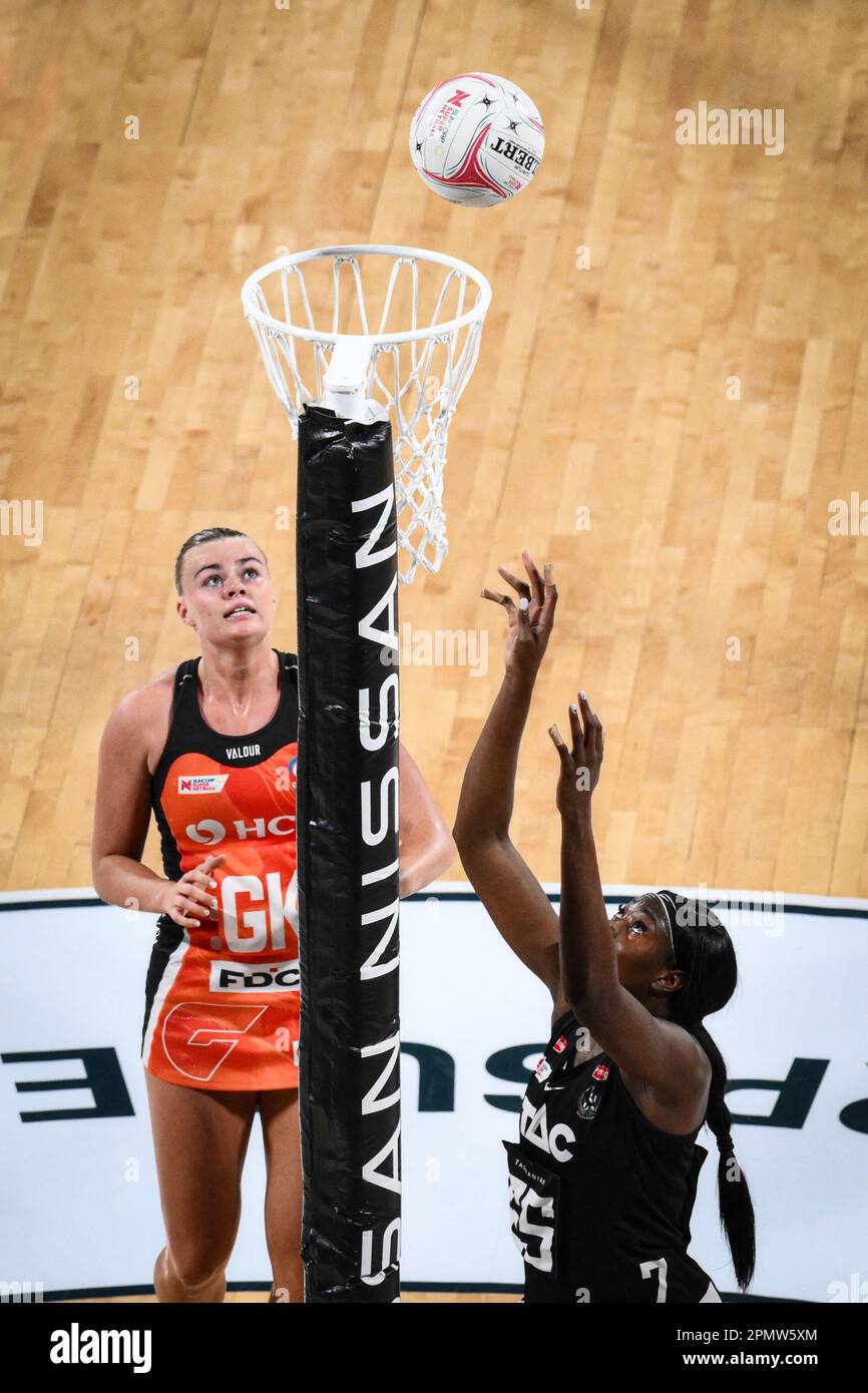 Shimona Nelson of the Magpies shoots during the Super Netball Round 5 ...