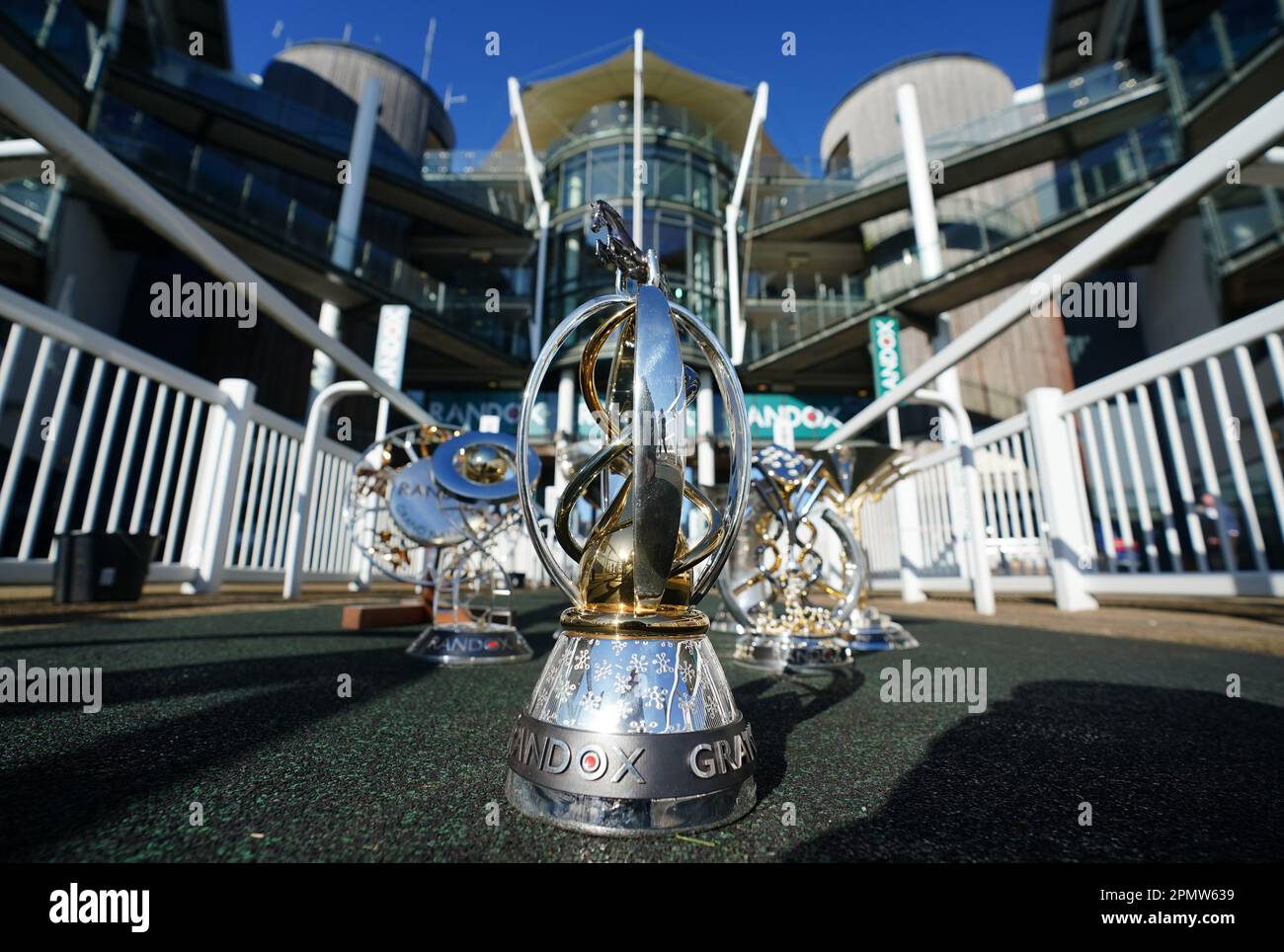 The 2023 Grand National trophy alongside previous trophies during day ...
