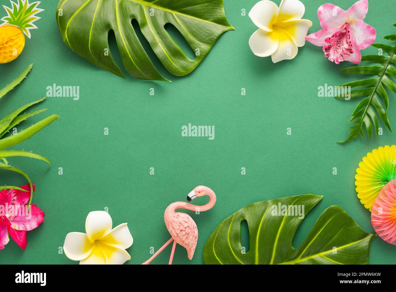 Exotic jungle summer frame. Summer beach party concept. Pink flamingo ...