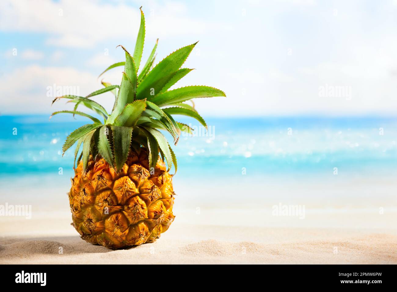 Pineapple on the beach sand against of sea. Summer party idea Stock ...