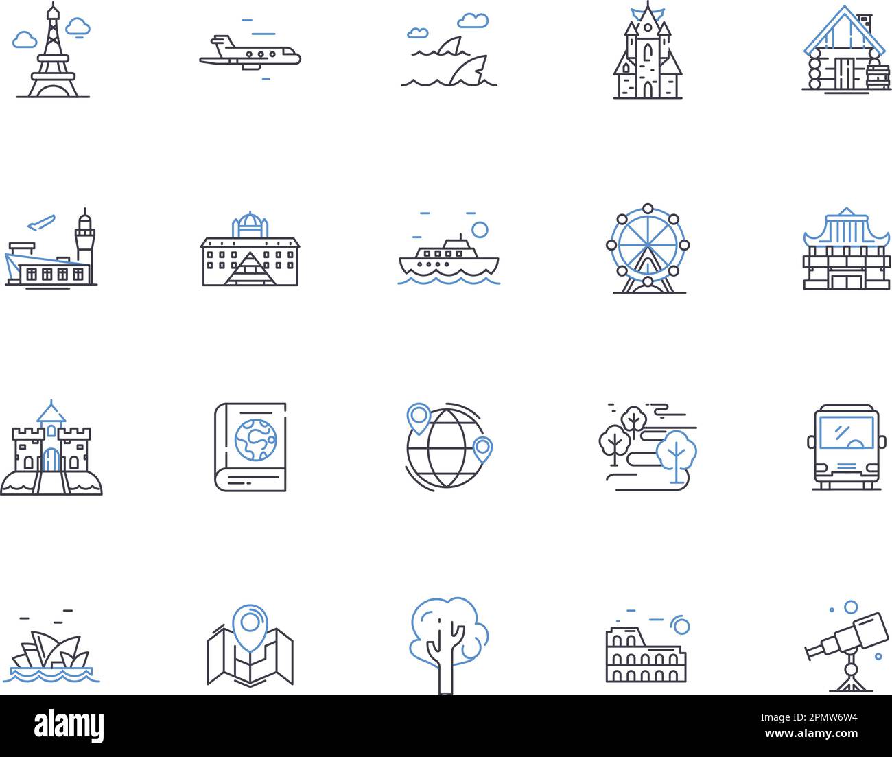 World travel outline icons collection. tourism, journey, trips ...