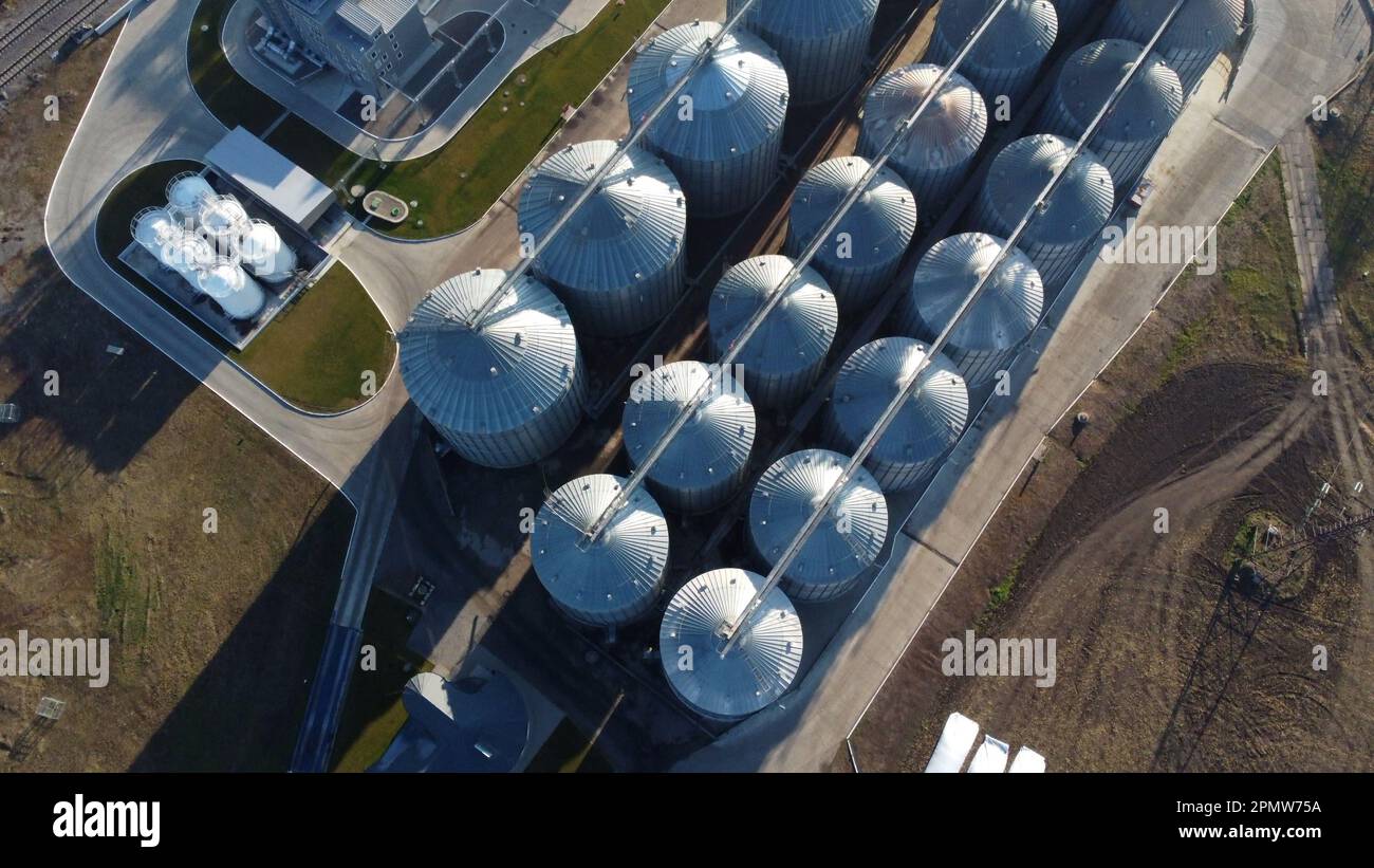 Grain elevator. Granary. Large metal structure grain elevator. Storage ...