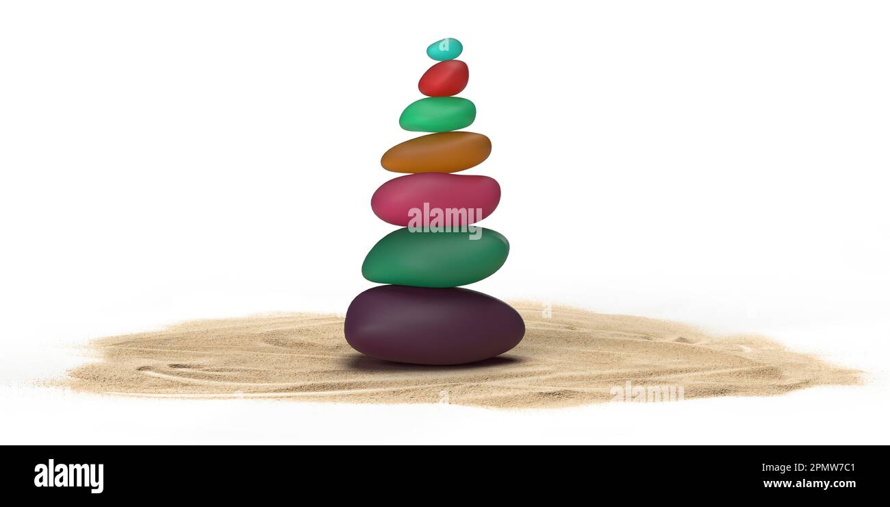 Colorful pebble stack. 3D rendered, made of stone tower on sand, white ...