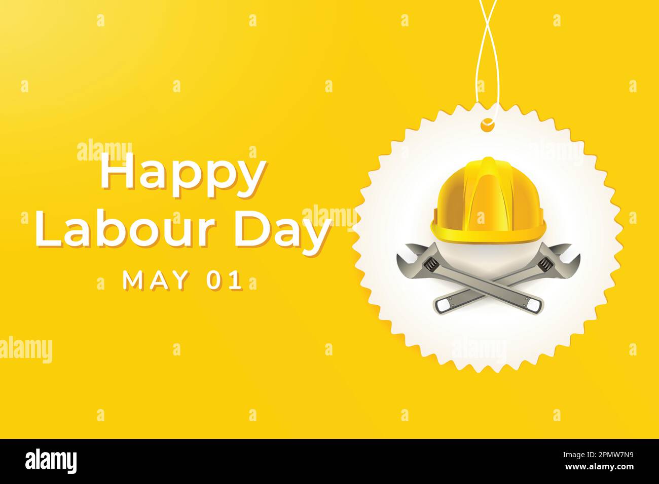 Happy Labour Day vector illustration. May 01 Awareness. Hanging sticker Horizontal poster design ...