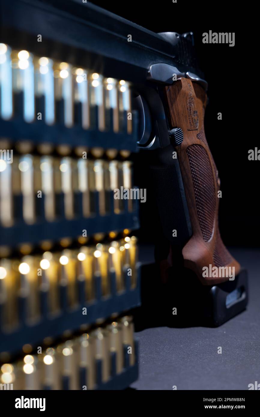 Elegant Semiautomatic 9mm Handgun with Swiss Helvetia Symbol Leaning on ...