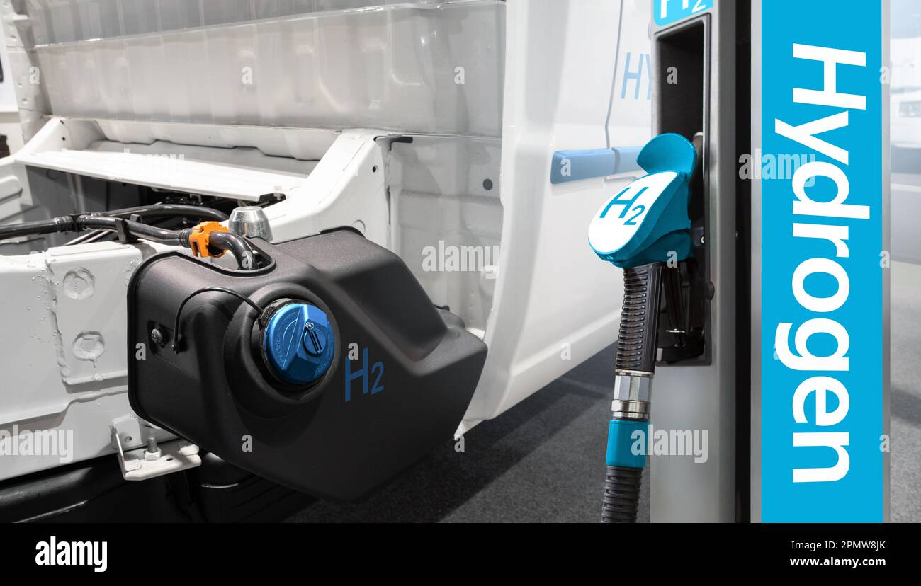Self service hydrogen filling station on a background of truck. High ...