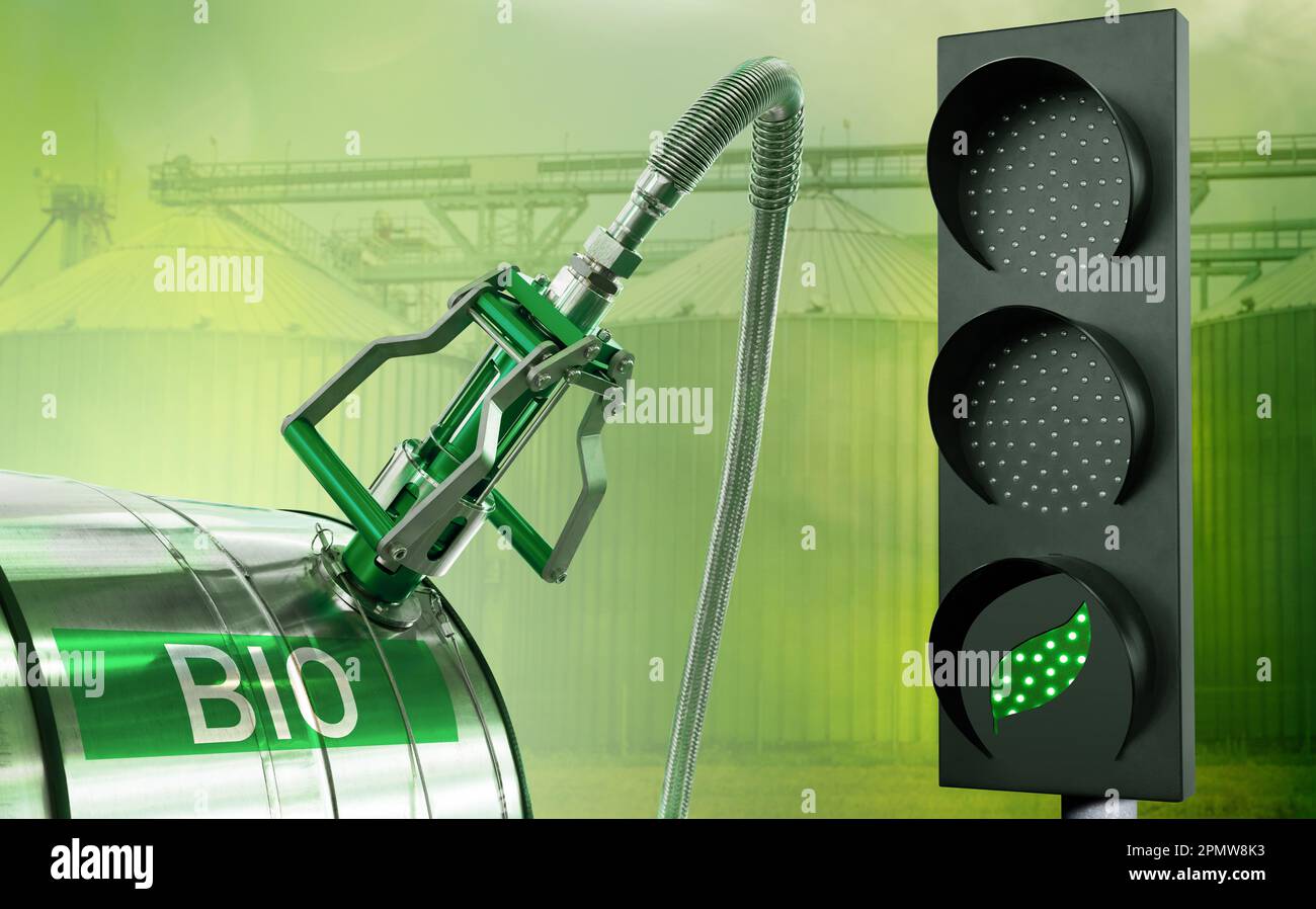 Traffic light with leaf symbol and biofuel tank. Carbon neutrality ...