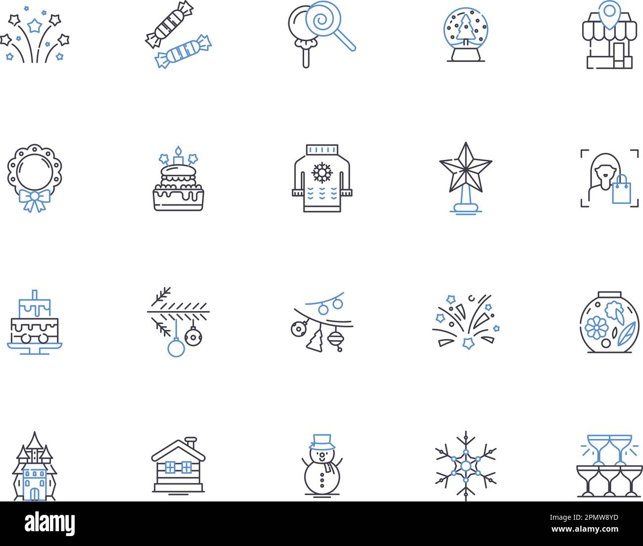 Happy new year outline icons collection. Glad, Joyful, Cheerful ...