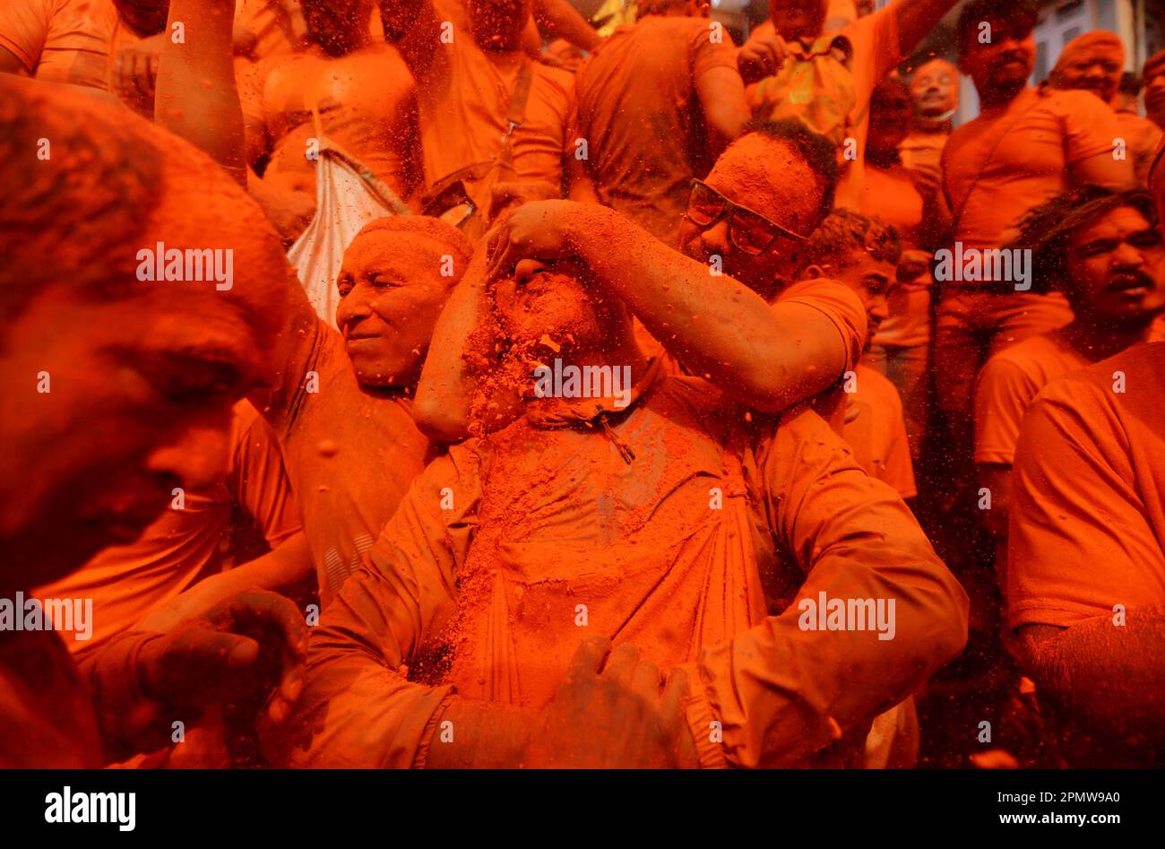 Bhaktapur, Nepal. 15th Apr, 2023. Devotees smear vermilion powder on a ...
