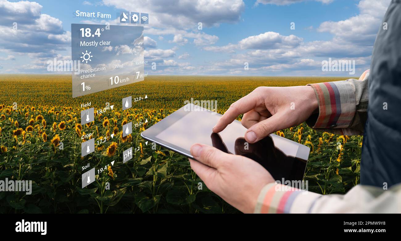 Farmer with digital tablet on an agricultural field. Smart farming and ...