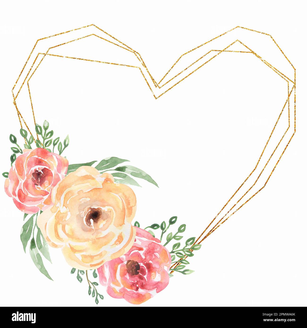 Watercolor pink and yellow rose flowers and greenery bouquet heart ...