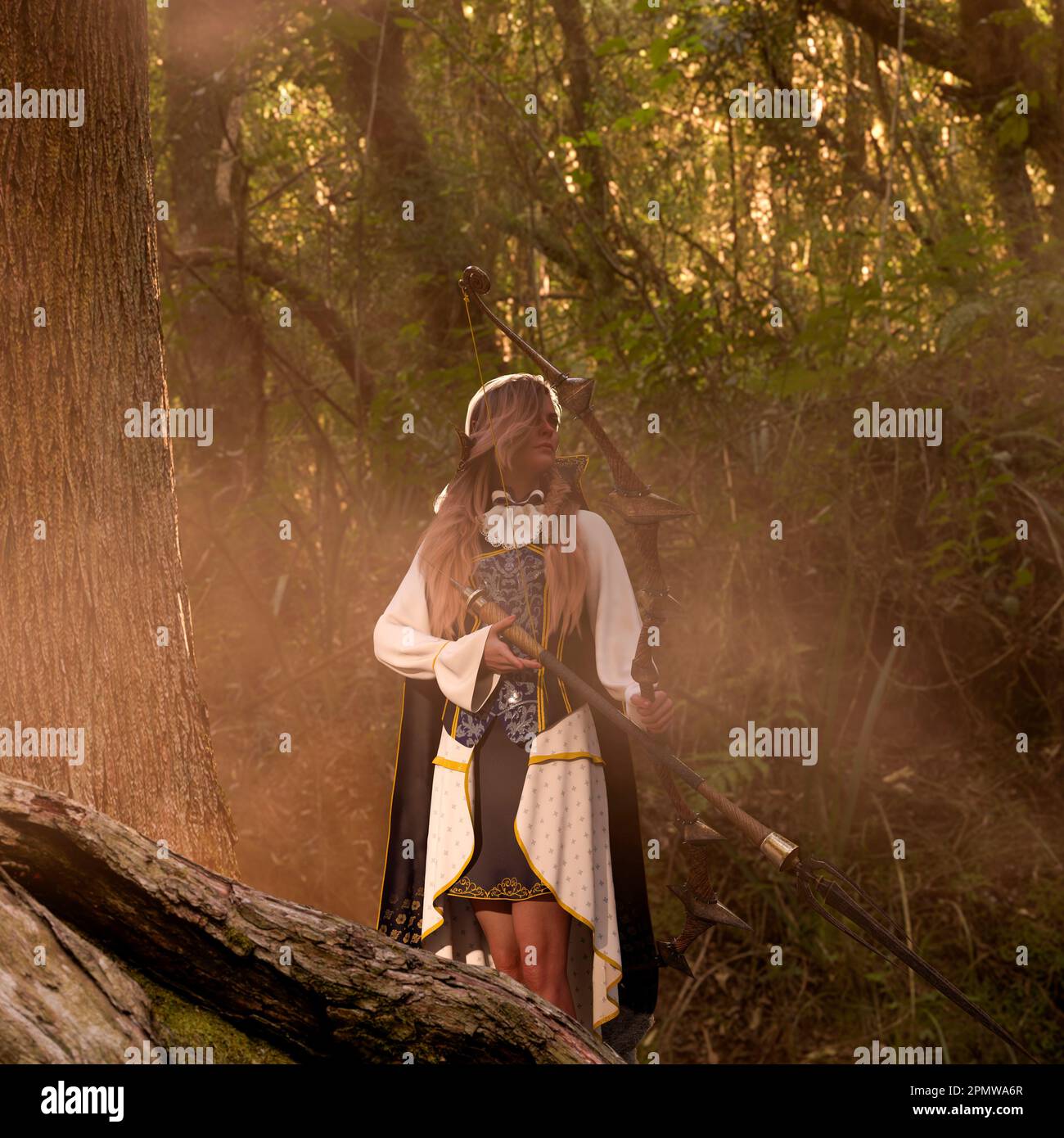 An elf blonde woman archer of the Middle Ages in an enchanted forest ...