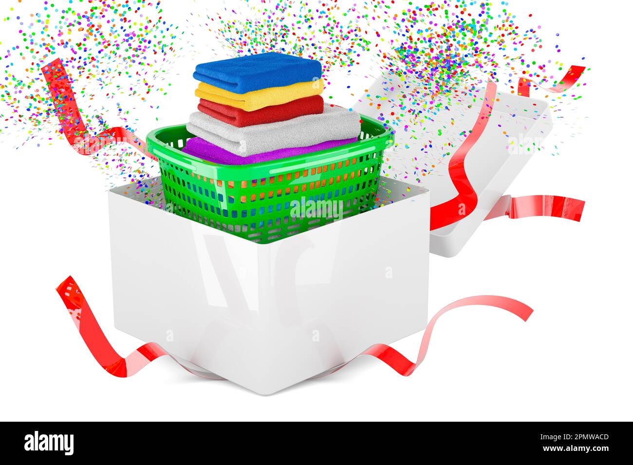Laundry basket full of clean clothes inside gift box, 3D rendering ...
