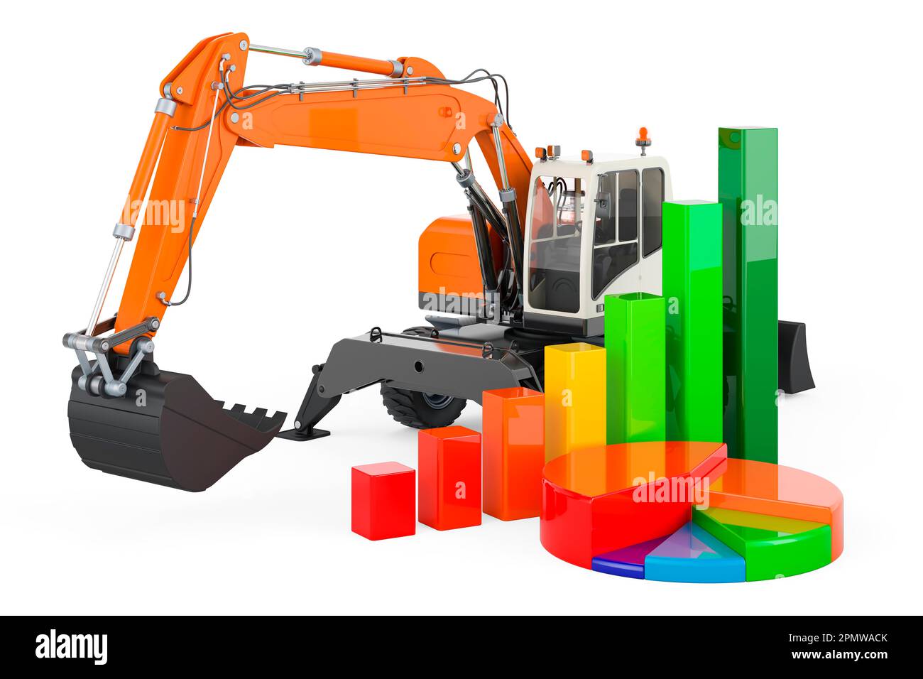 Excavator with growth bar graph and pie chart. 3D rendering isolated on ...