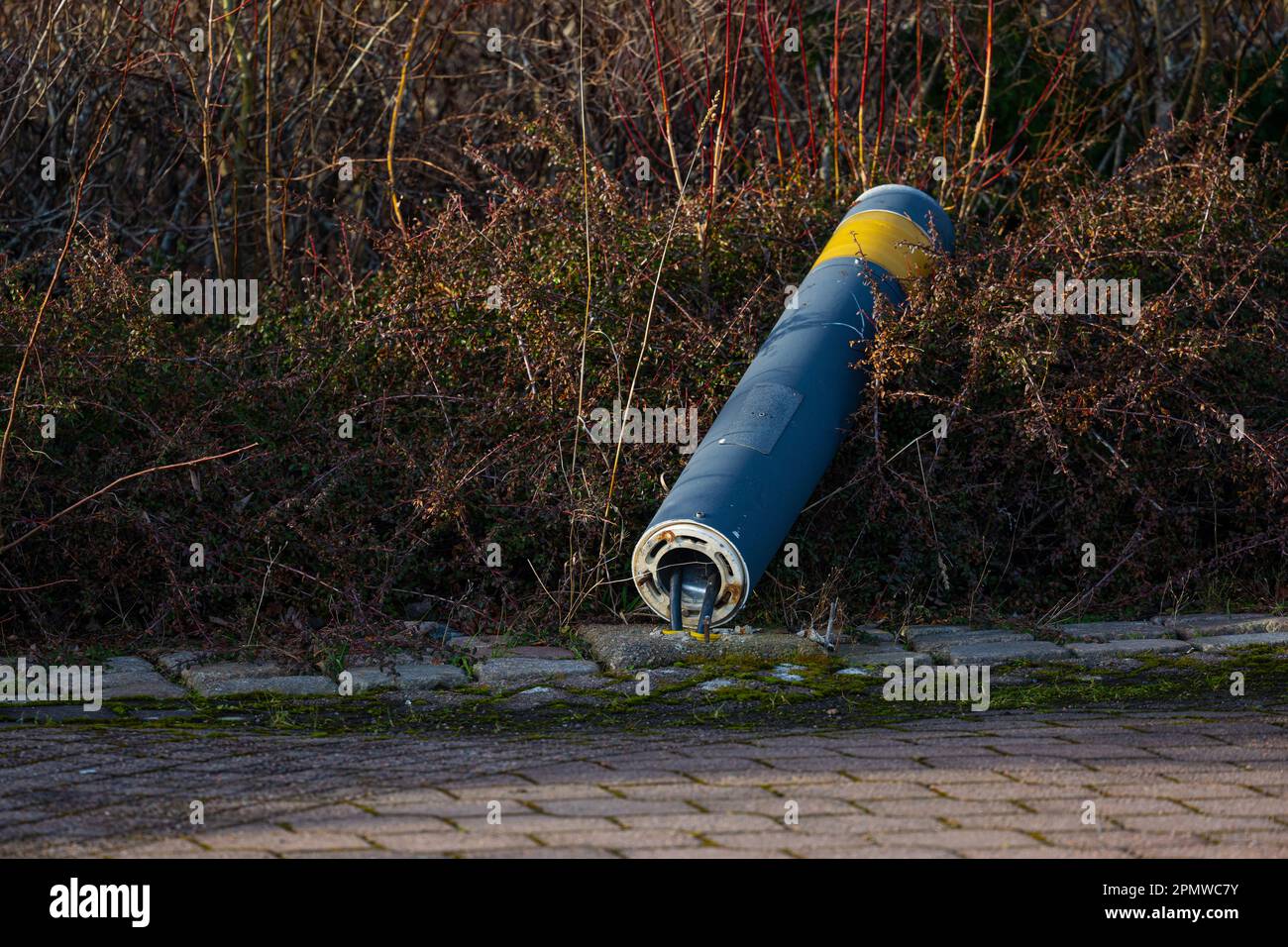 Broken outdoor lamp post in a bush Stock Photo - Alamy