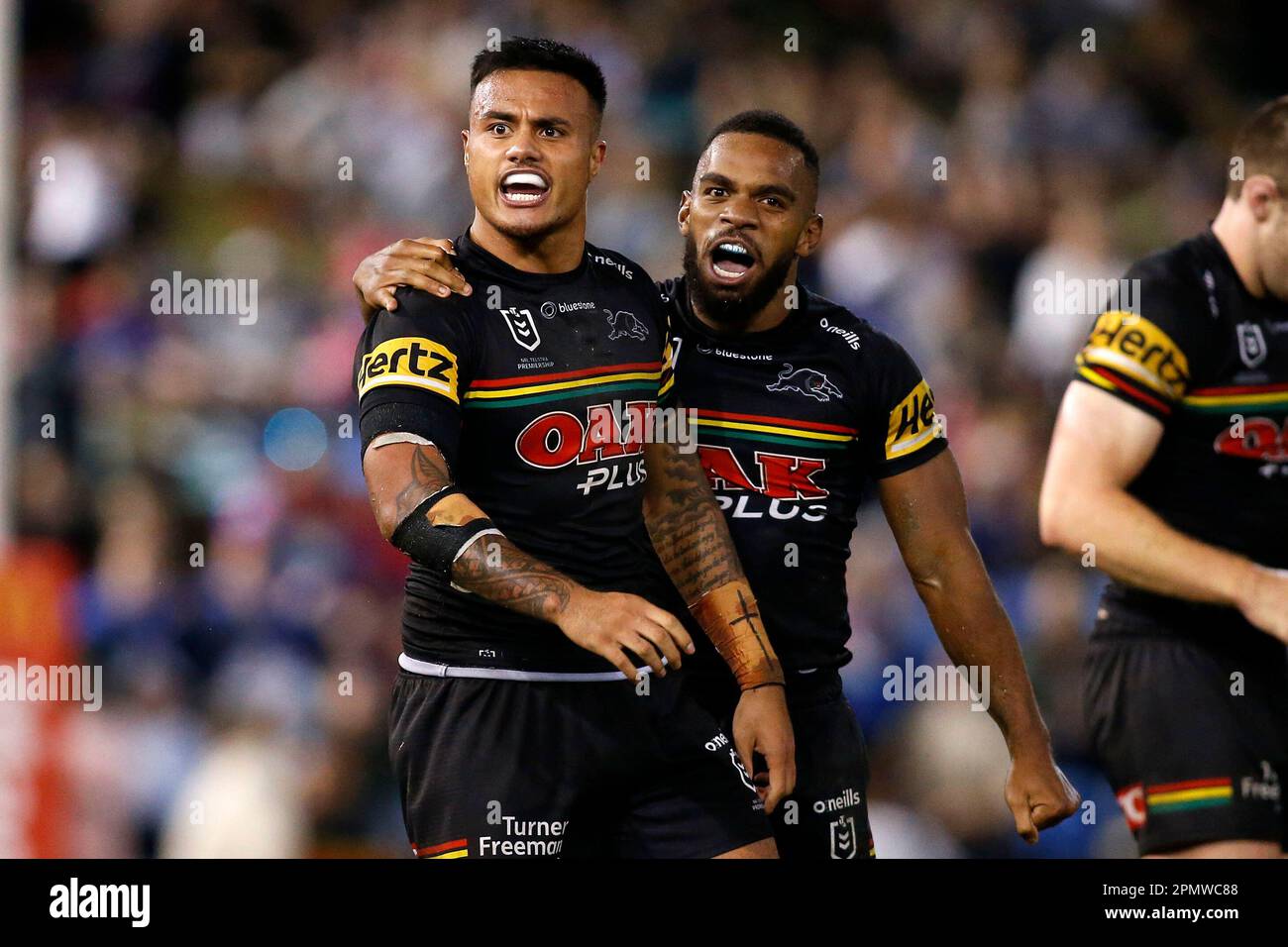 Panthers players celebrate a golden point win during the NRL Round 7 ...