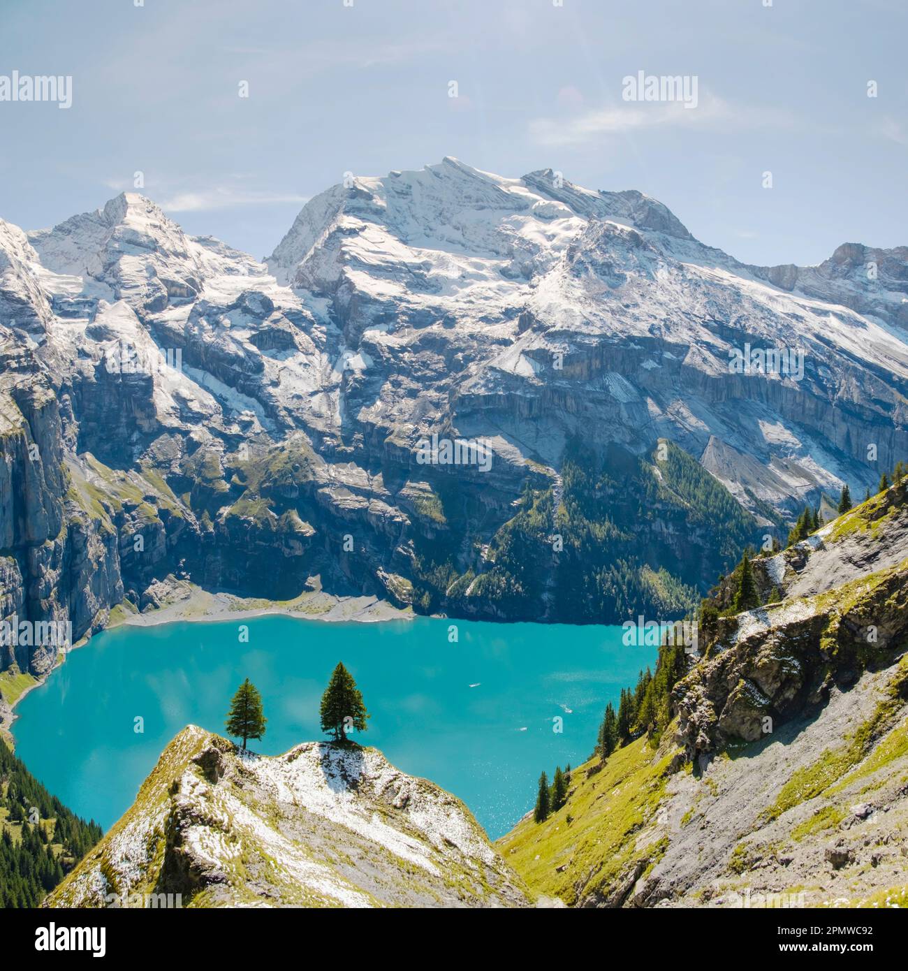 Morning view of lake Oeschinensee. Swiss alps, Switzerland Stock Photo ...