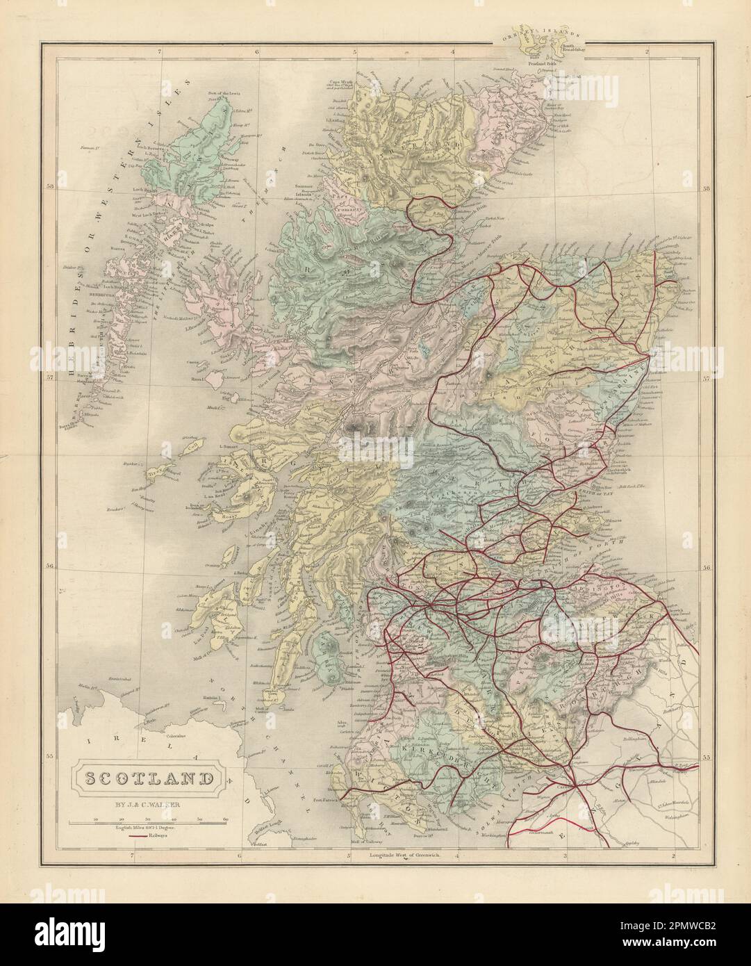 Scotland antique map by J & C Walker. Railways & counties 1870 old ...