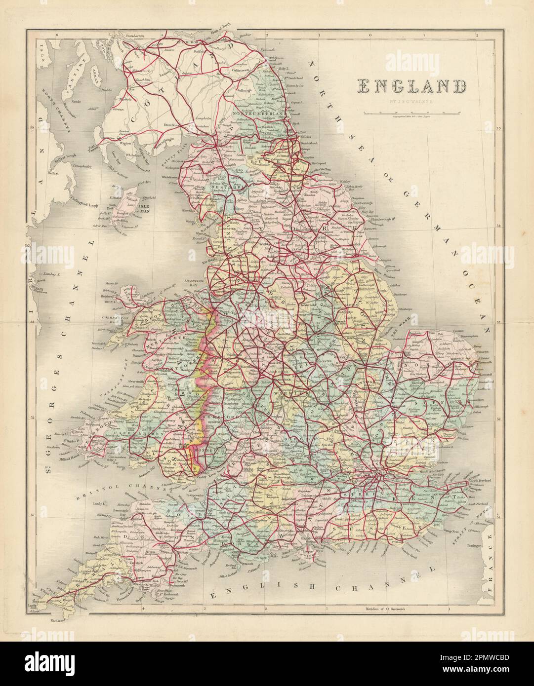 England & Wales antique map by J & C Walker. Railways & counties 1870 ...