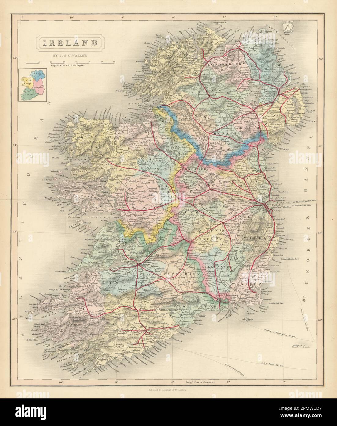 Ireland antique map by J & C Walker. Railways, counties & provinces ...