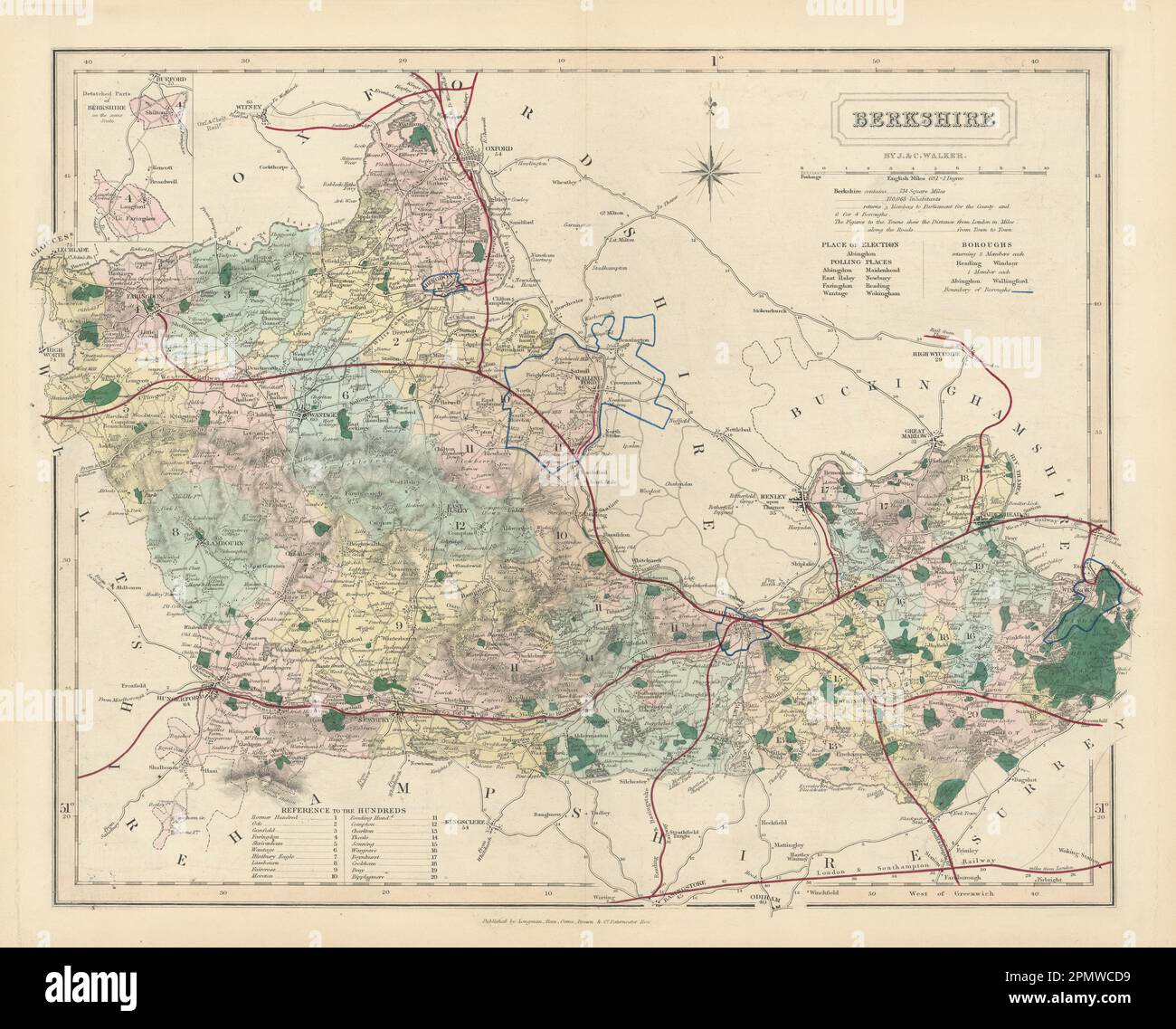Berkshire antique county map by J & C Walker. Railways & boroughs 1870 ...