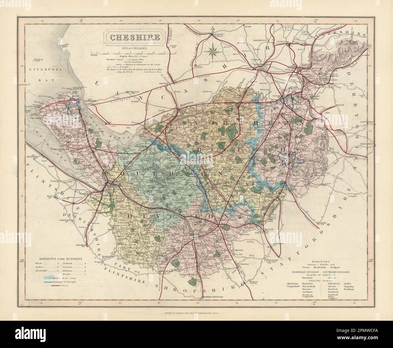 Cheshire antique county map by J & C Walker. Railways & boroughs 1870 old Stock Photo - Alamy