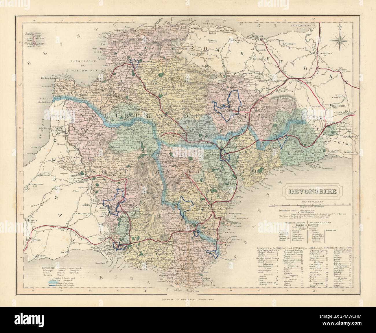 Devonshire antique county map by J & C Walker. Railways & boroughs 1870 ...