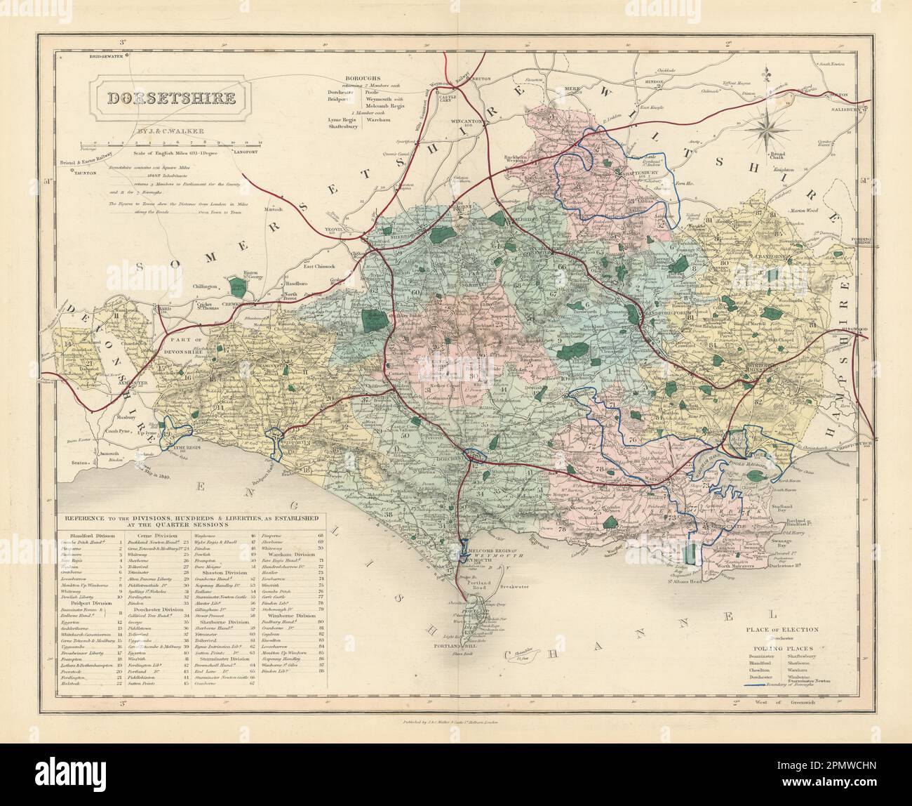 Dorsetshire antique county map by J & C Walker. Railways & boroughs ...