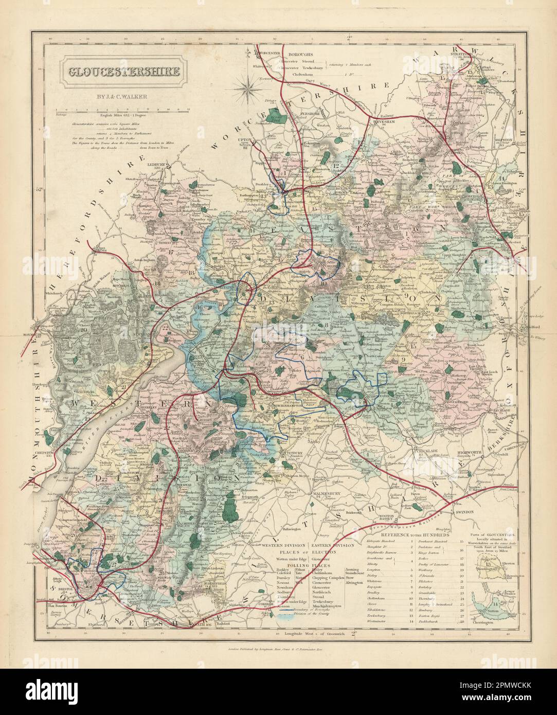 Gloucestershire antique county map by J & C Walker. Railways & boroughs ...