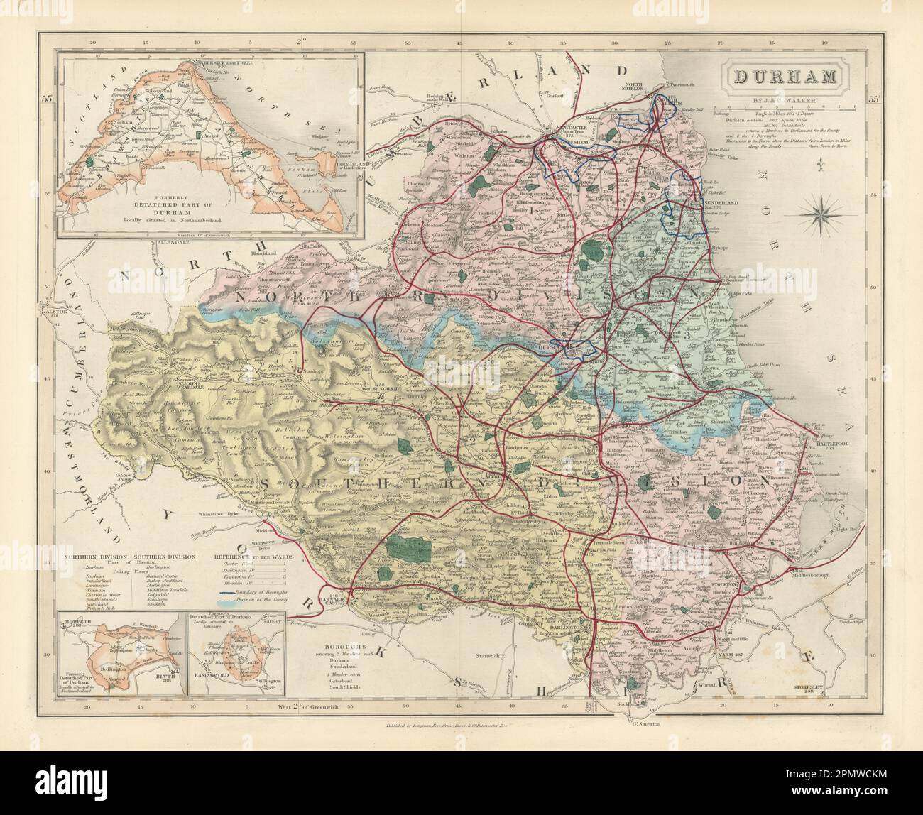 Durham antique county map by J & C Walker. Railways & boroughs 1870 old ...