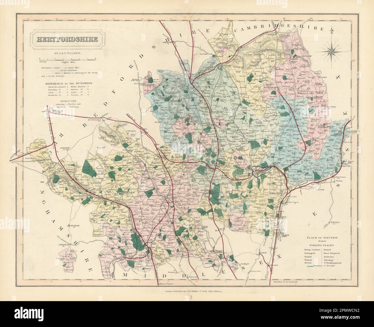 Hertfordshire antique county map by J & C Walker. Railways & boroughs ...