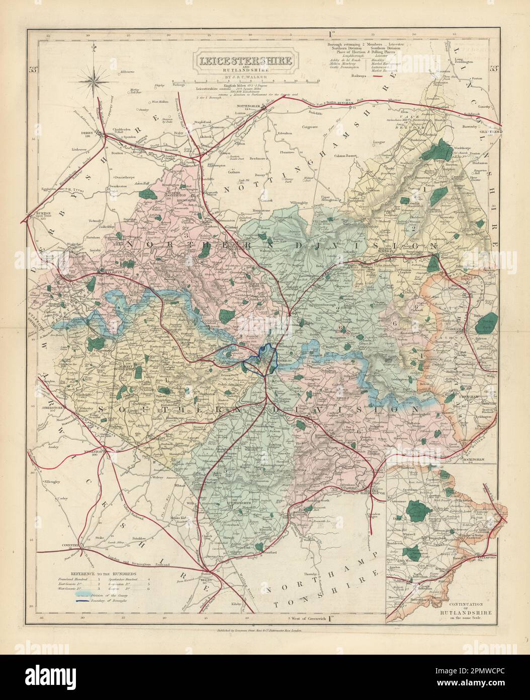 Leicestershire antique county map by J & C Walker. Railways & boroughs ...