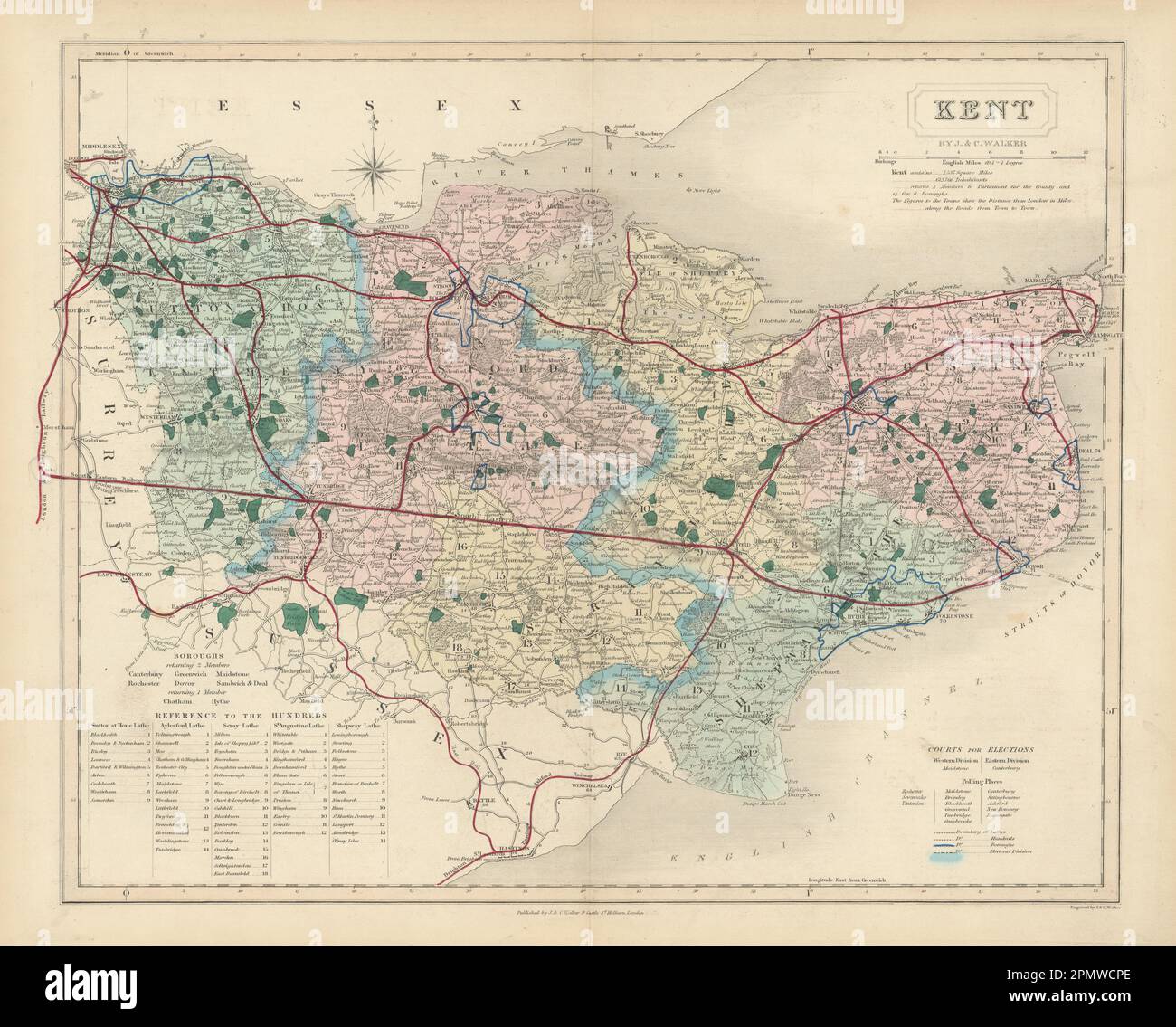 Kent antique county map by J & C Walker. Railways & boroughs 1870 old ...
