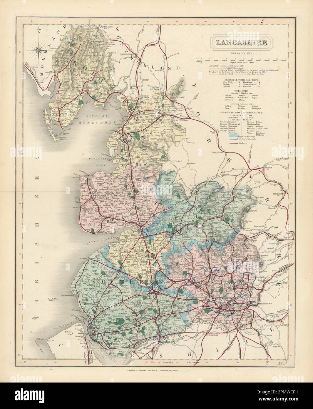 Lancashire antique county map by J & C Walker. Railways & boroughs 1870 ...