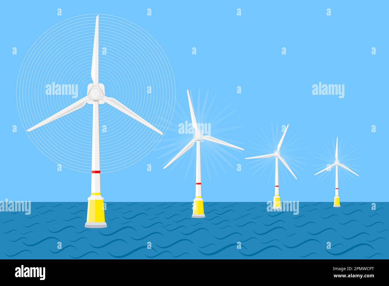 Wind turbines farm on sea. Wind energy and Renewable resource. Flat ...