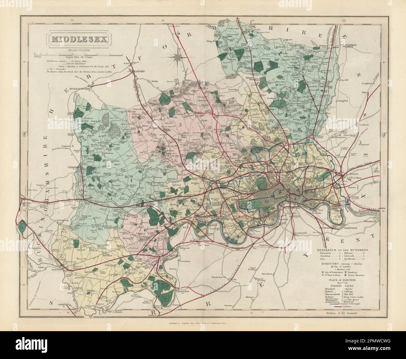Middlesex antique county map by J & C Walker. Railways & boroughs 1870 ...