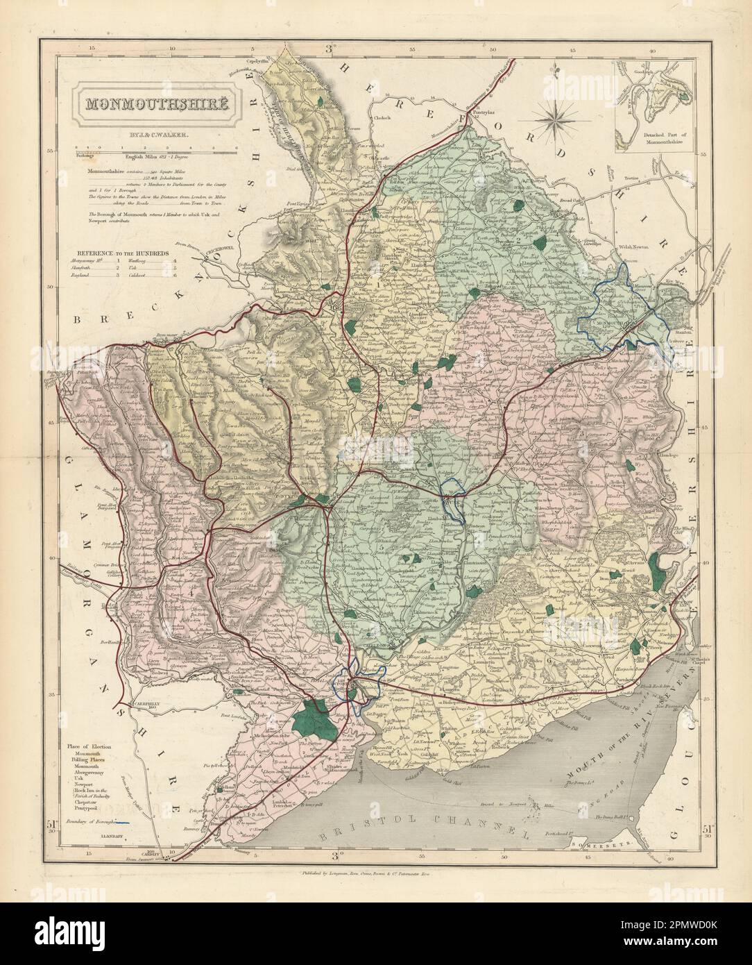 Monmouthshire antique county map by J & C Walker. Railways & boroughs ...