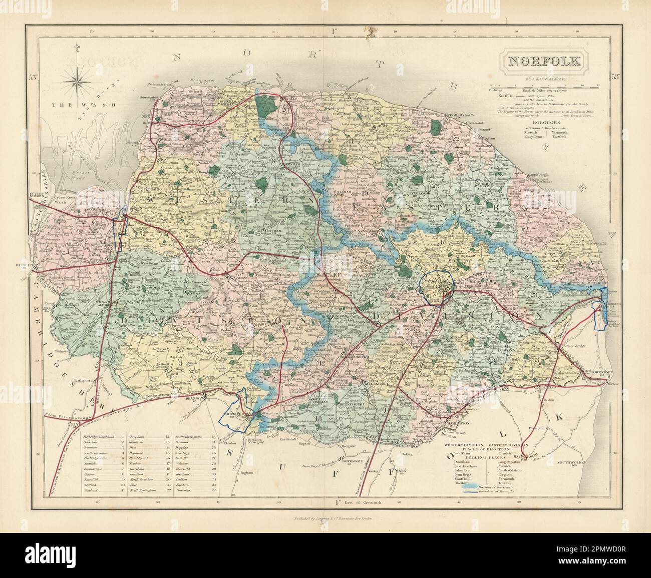 Norfolk antique county map by J & C Walker. Railways & boroughs 1870 ...