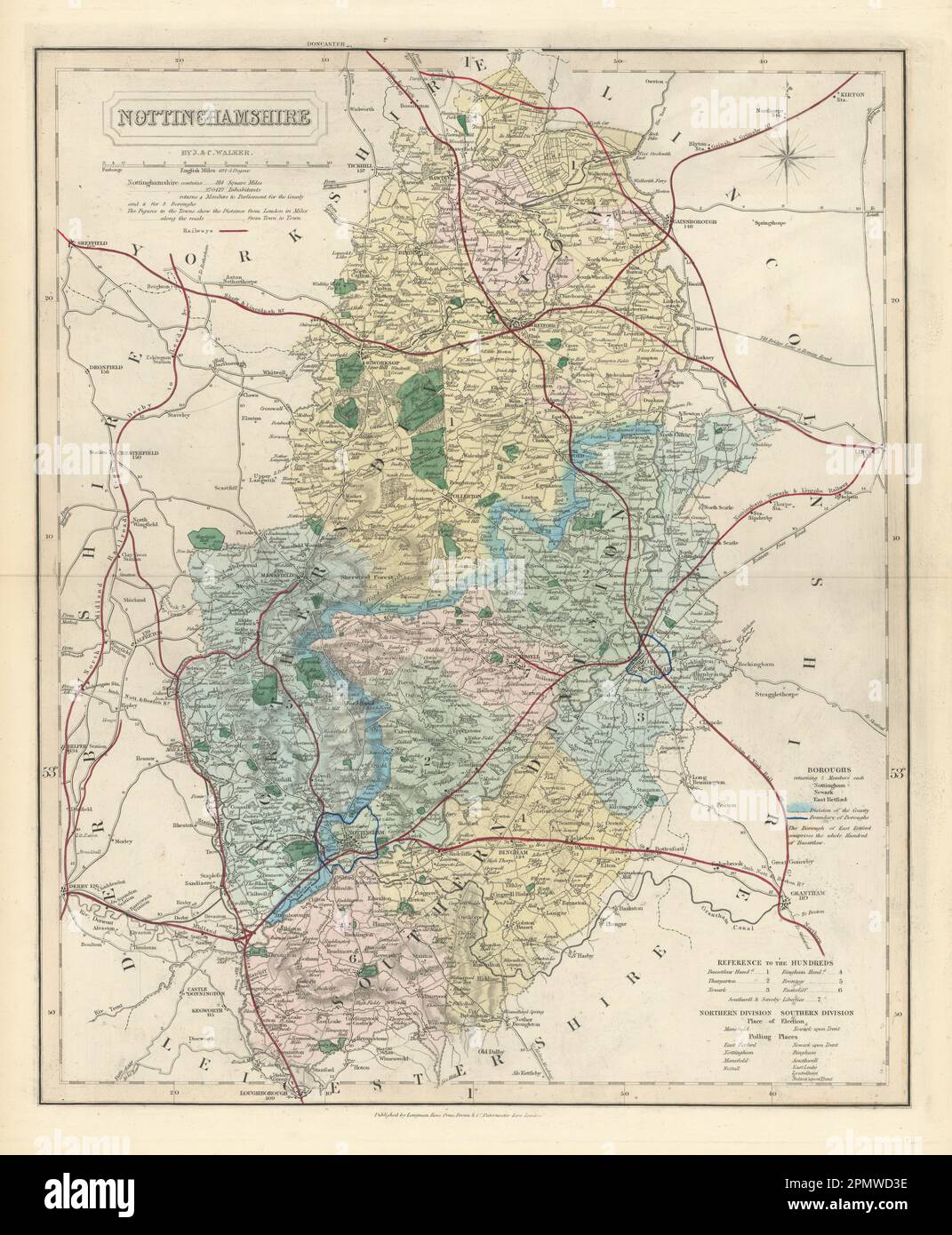 Nottinghamshire antique county map by J & C Walker. Railways & boroughs ...