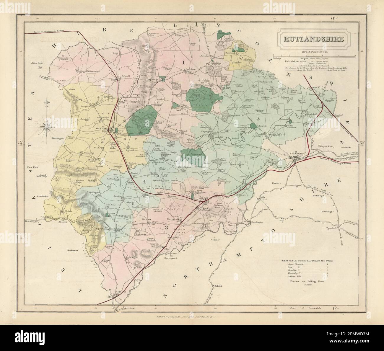 Rutlandshire antique county map by J & C Walker. Railways & boroughs ...