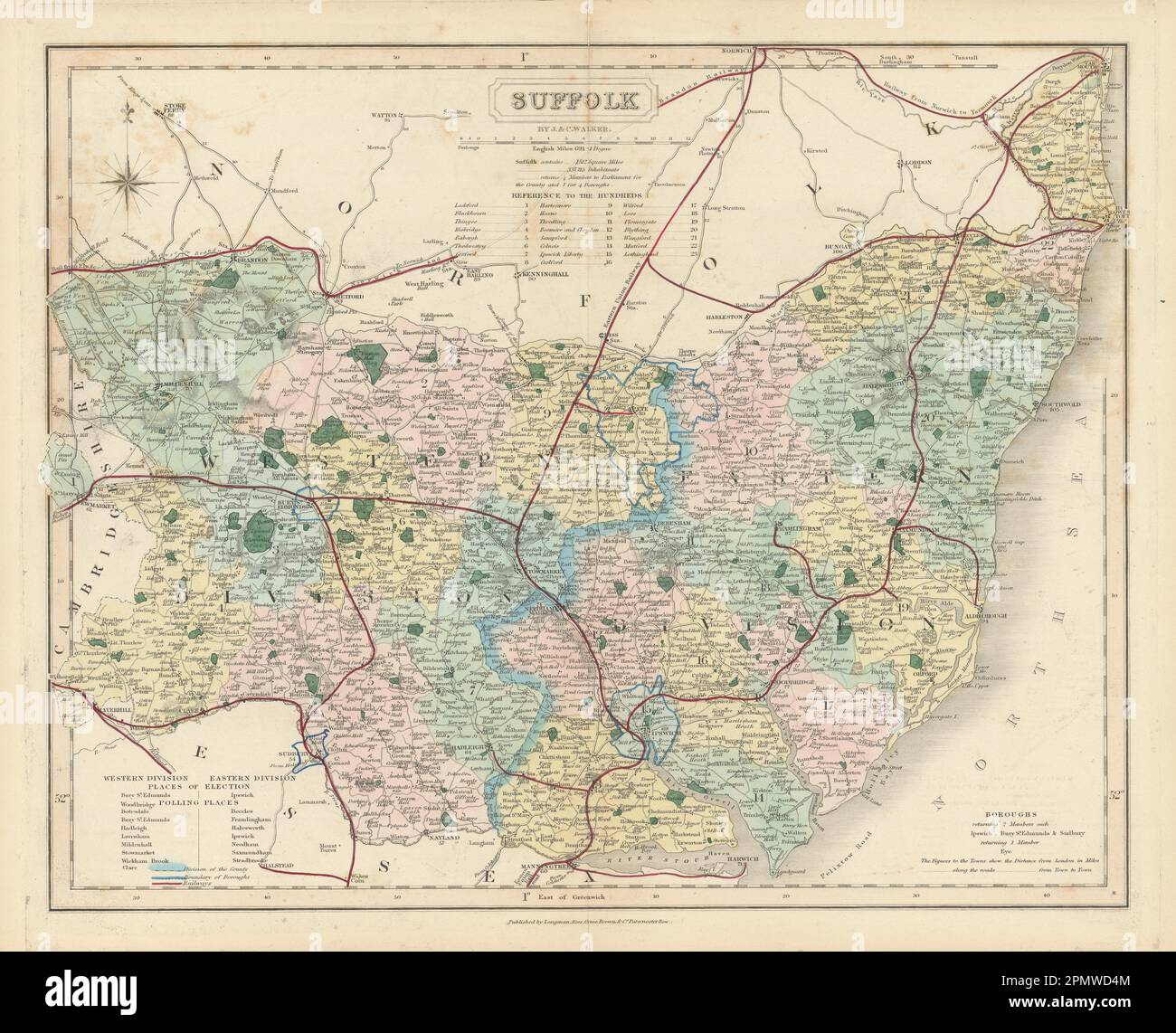 Suffolk antique county map by J & C Walker. Railways & boroughs 1870 ...