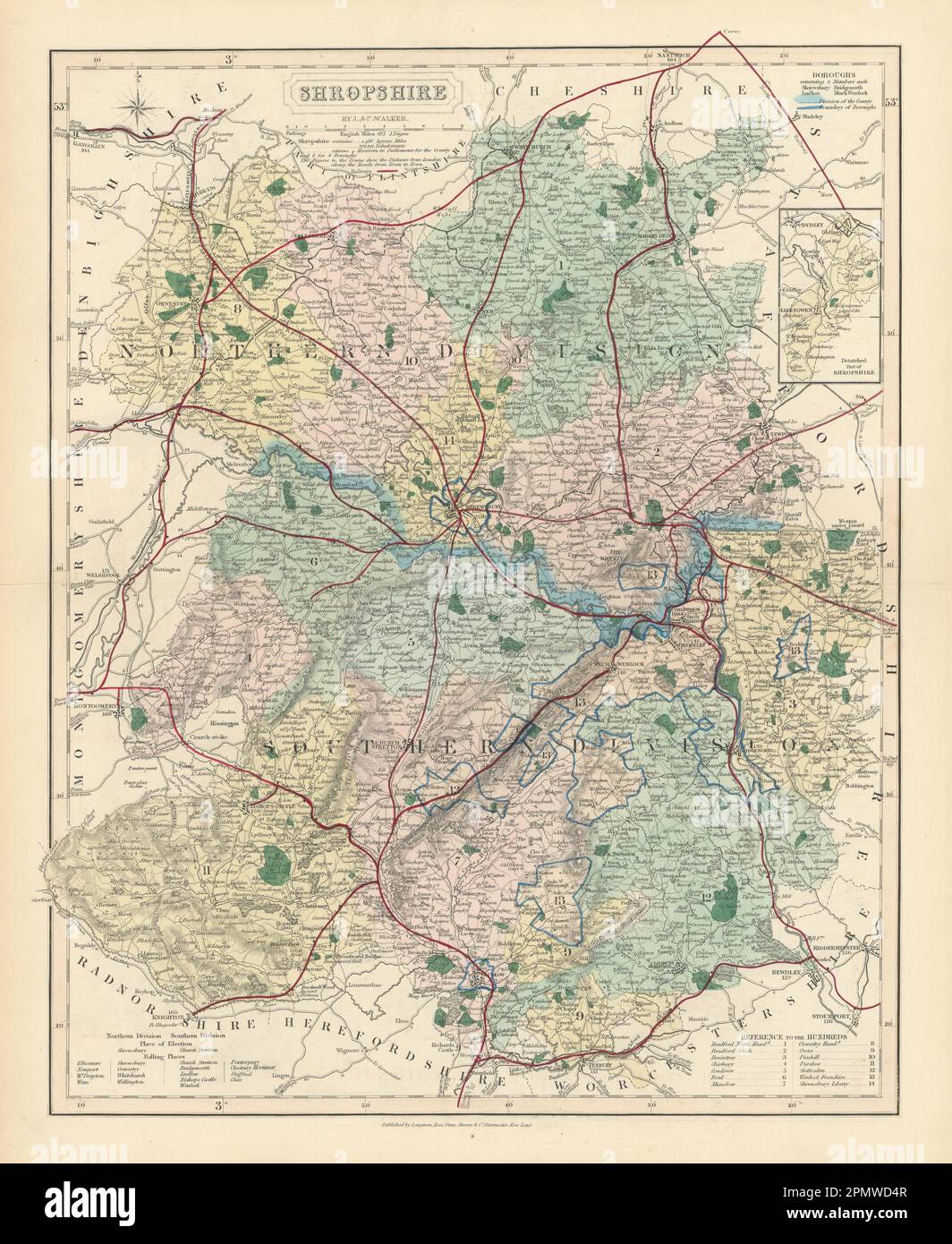 Shropshire antique county map by J & C Walker. Railways & boroughs 1870 ...