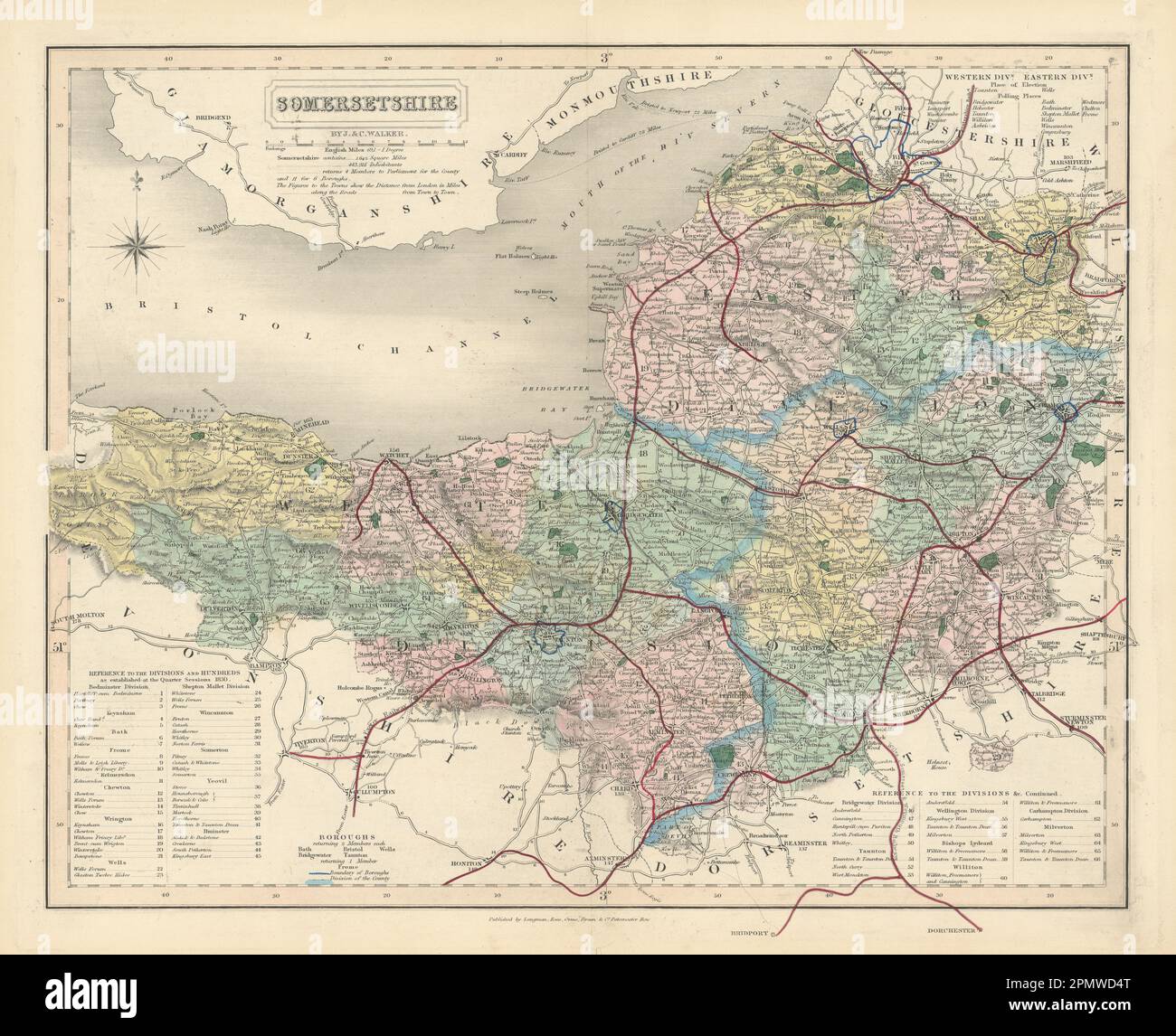 Somersetshire antique county map by J & C Walker. Railways & boroughs ...