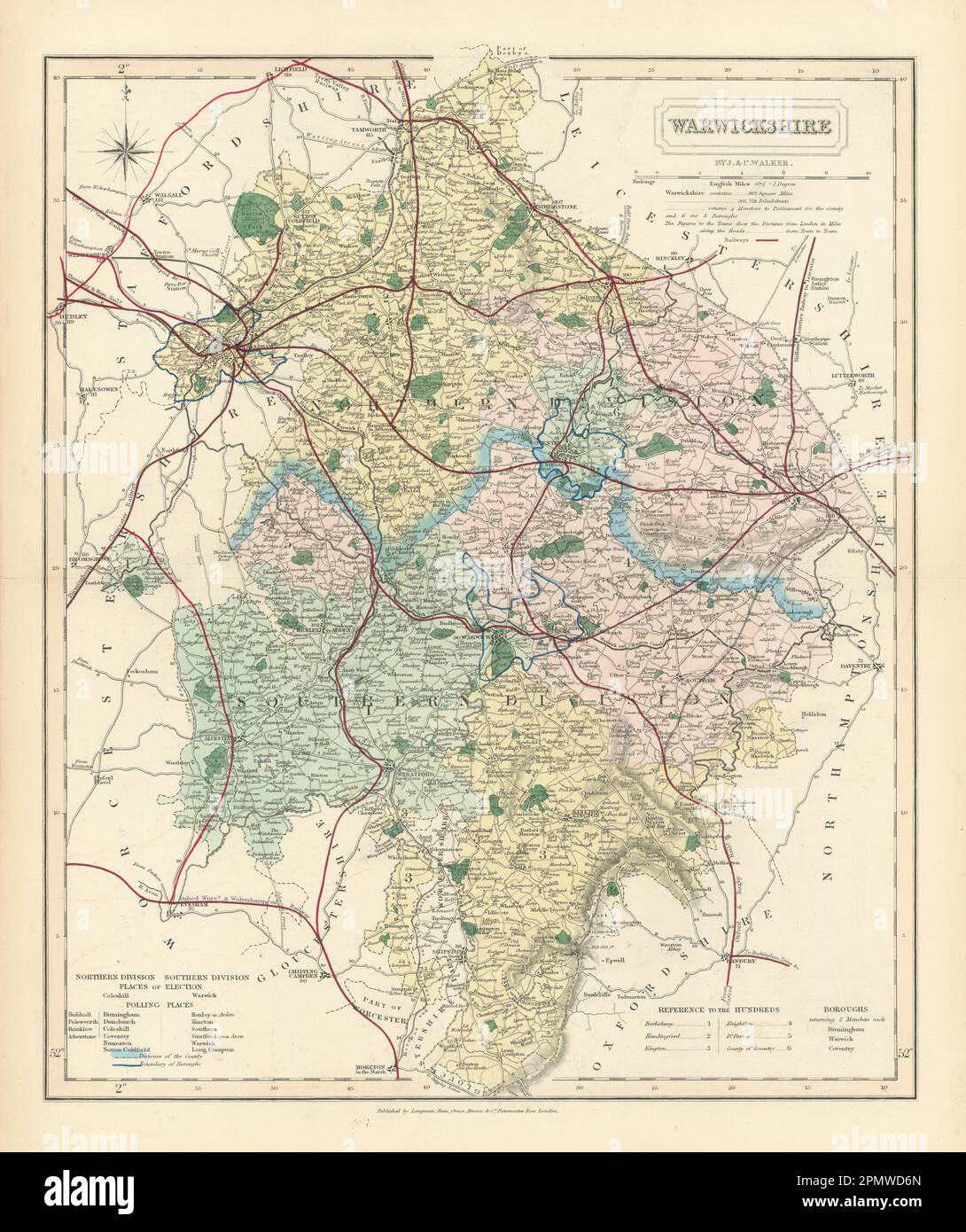 Warwickshire antique county map by J & C Walker. Railways & boroughs ...