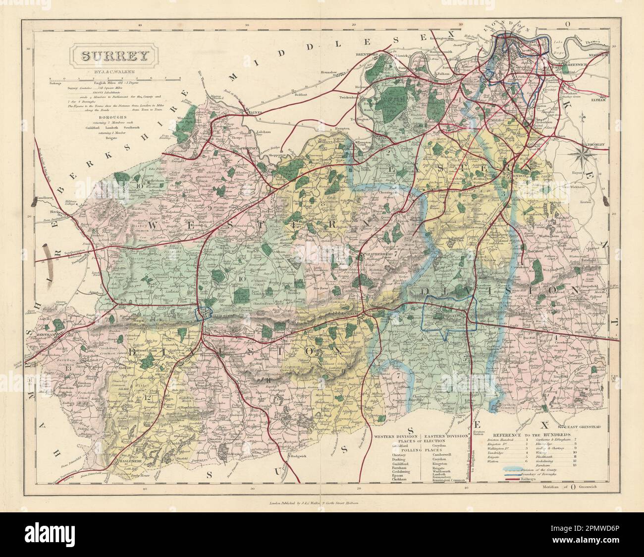Surrey antique county map by J & C Walker. Railways & boroughs 1870 old ...