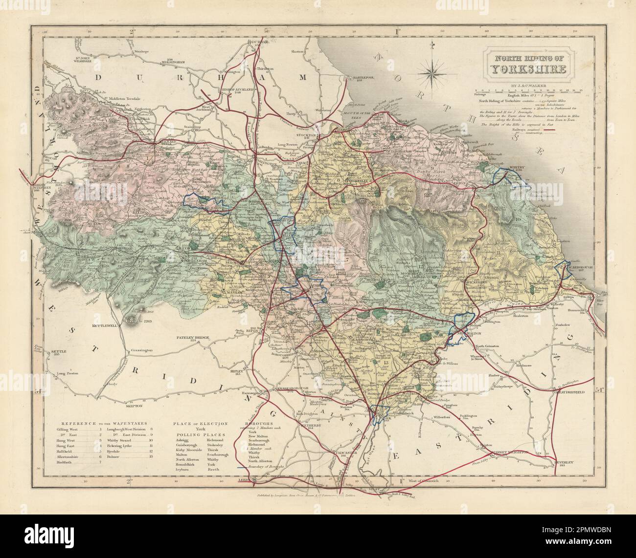 North Riding of Yorkshire antique county map by J & C Walker. Railways ...