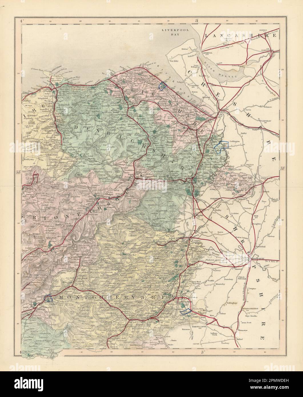 Denbigh Flint Merioneth Montgomeryshire antique map. WALKER. Railways ...