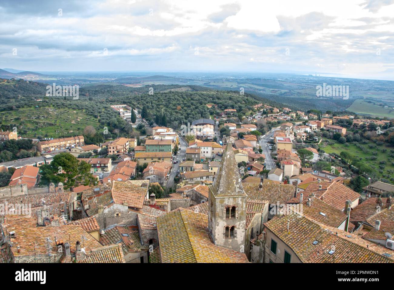 Landscape of tuscan countryside and medieval town as seen from the ...